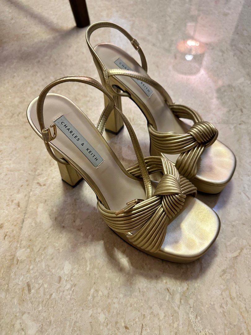 Charles & Keith Gold Pleeted Heels, Women's Fashion, Footwear, Heels on ...
