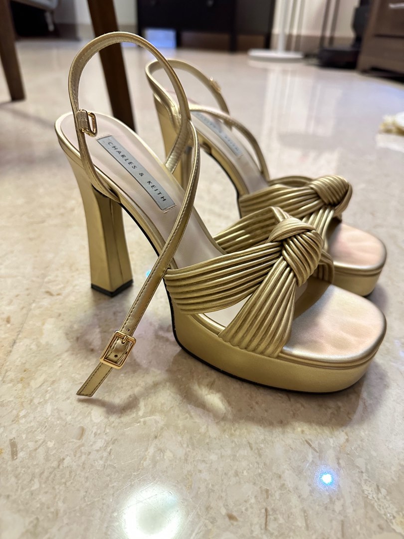 Charles & Keith Gold Pleeted Heels, Women's Fashion, Footwear, Heels on ...