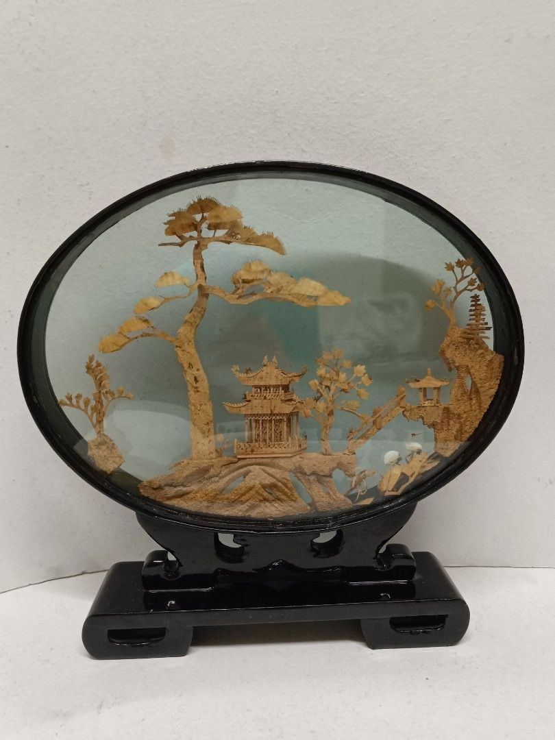 Chinese Asian Carved Cork Art Scene Sculpture Glass Diorama Oval ...