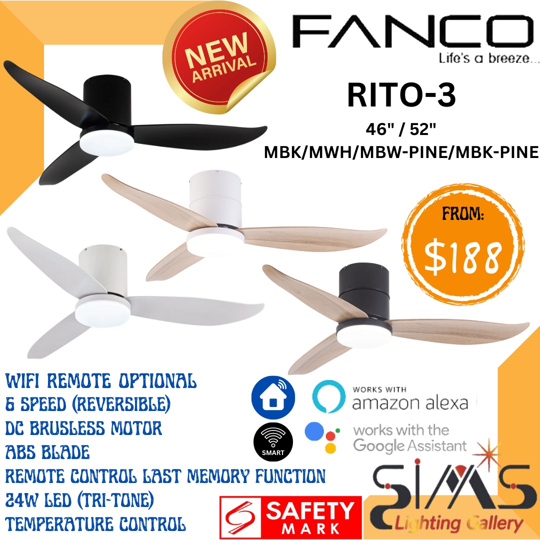 FANCO RITO-3 SMART FAN CEILING FAN DC MOTOR WIFI REMOTE, Furniture ...