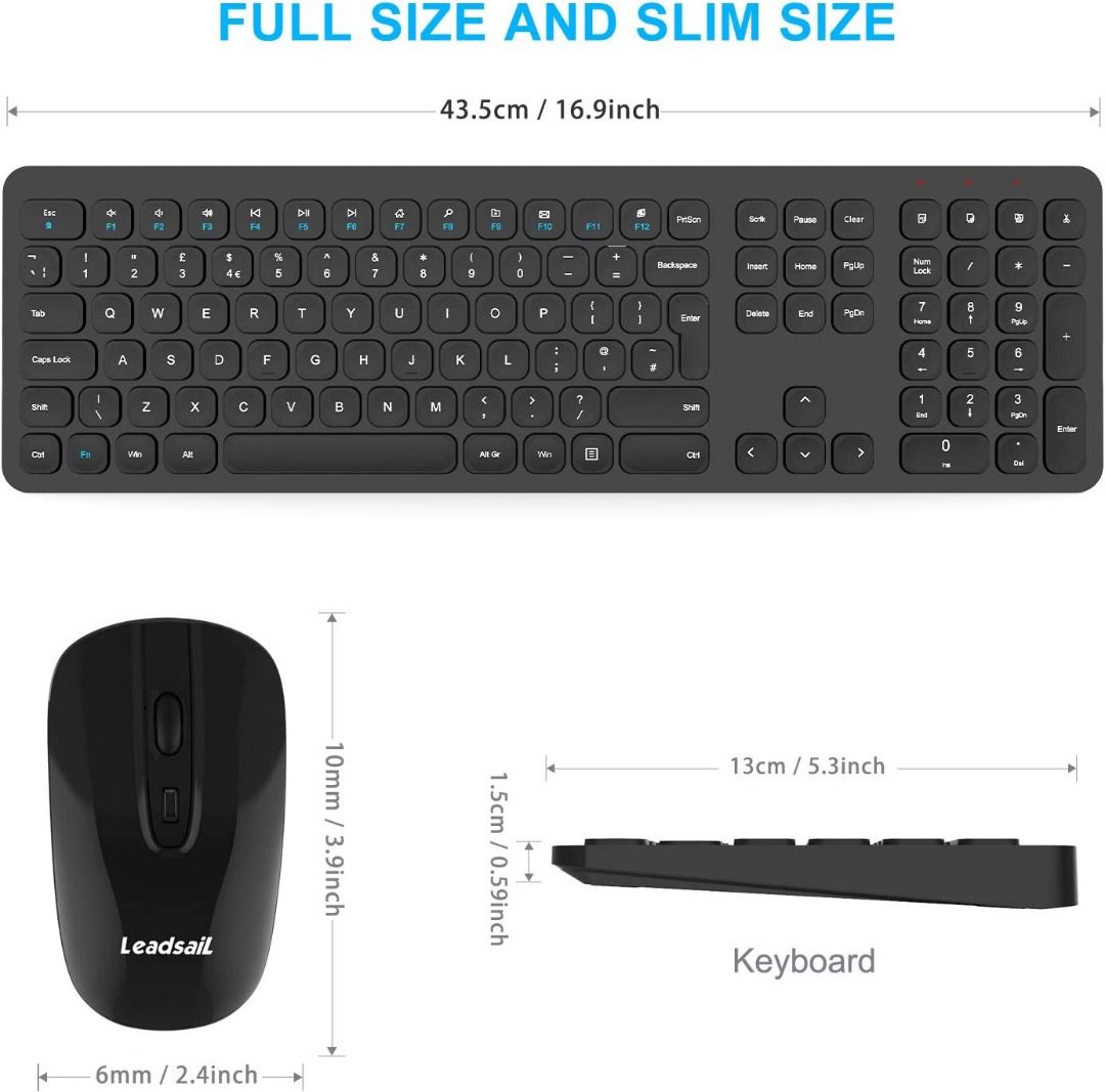 LeadsaiL Wireless Keyboard and Mouse Set, Wireless USB Mouse and Full ...
