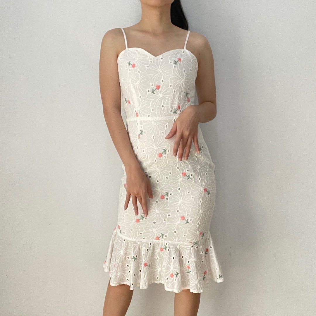 mds Gloria Mermaid Dress White Pink Floral Flower Eyelet Broderie Midi Ruffle One Strap Dress ...