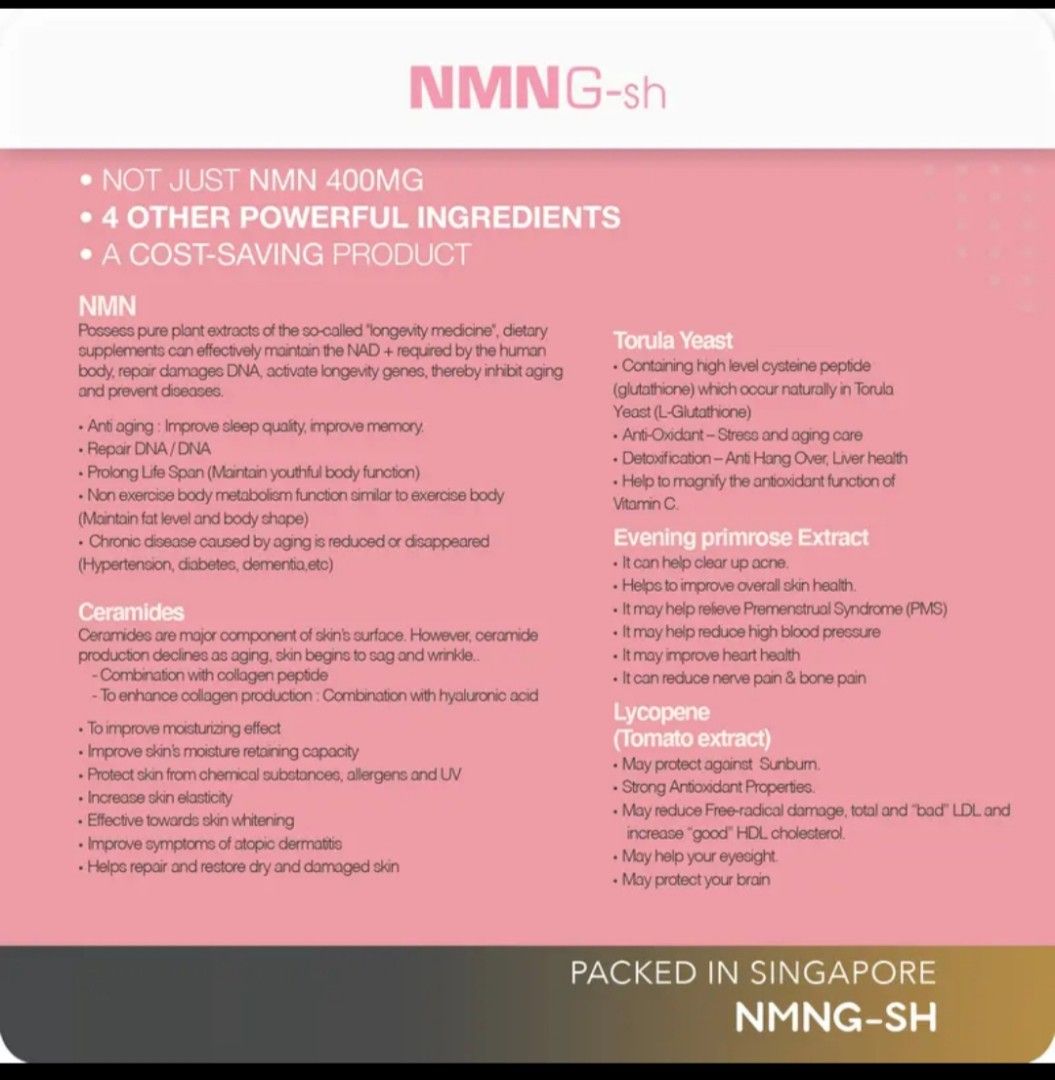 NMNG-sh Nicotinamide Mononucleotide, Health & Nutrition, Health ...
