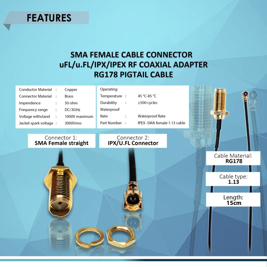 SMA FEMALE CABLE Connector to uFL/u.fl/IPX/IPEX RF COAXIAL ADAPTER 15 ...