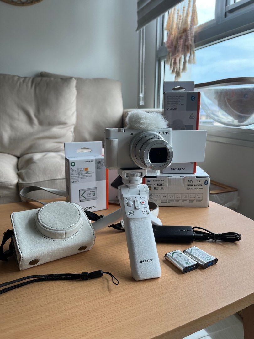 SONY ZV-1 (white) with extra batteries, bluetooth remote hand grip ...