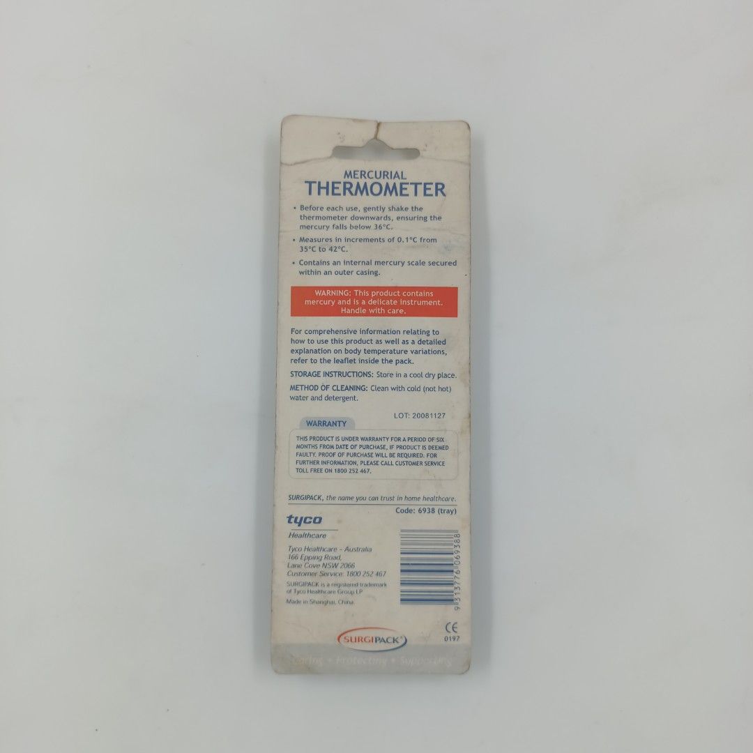 SURGIPACK MERCURIAL THERMOMETER, Health & Nutrition, Thermometers on ...