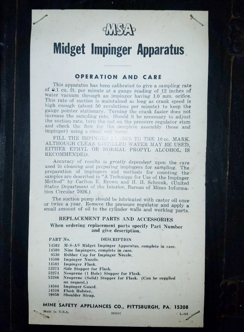 Vintage MSA Midget Impinger Apparatus Mine Safety Appliance Air ...