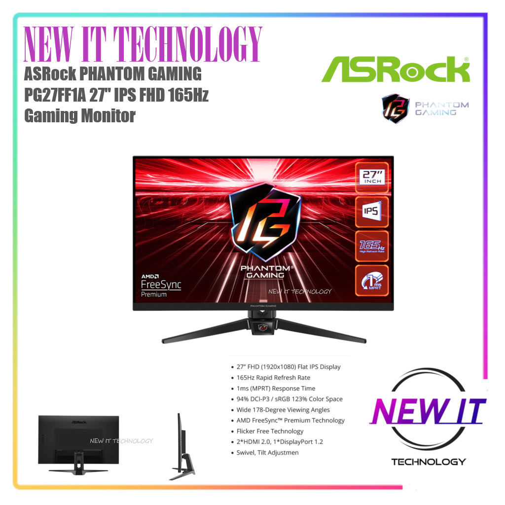 ASRock PHANTOM GAMING PG27FF1A 27" (1920 x 1080 FHD,IPS,165Hz,1ms,Dp x1 ...