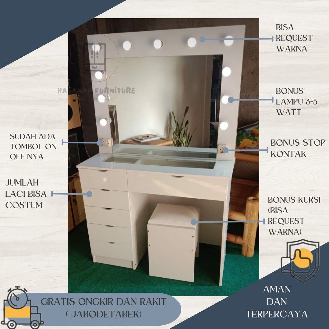 Meja Rias lampu led full cermin ukuran standar, Perabotan Rumah di Carousell