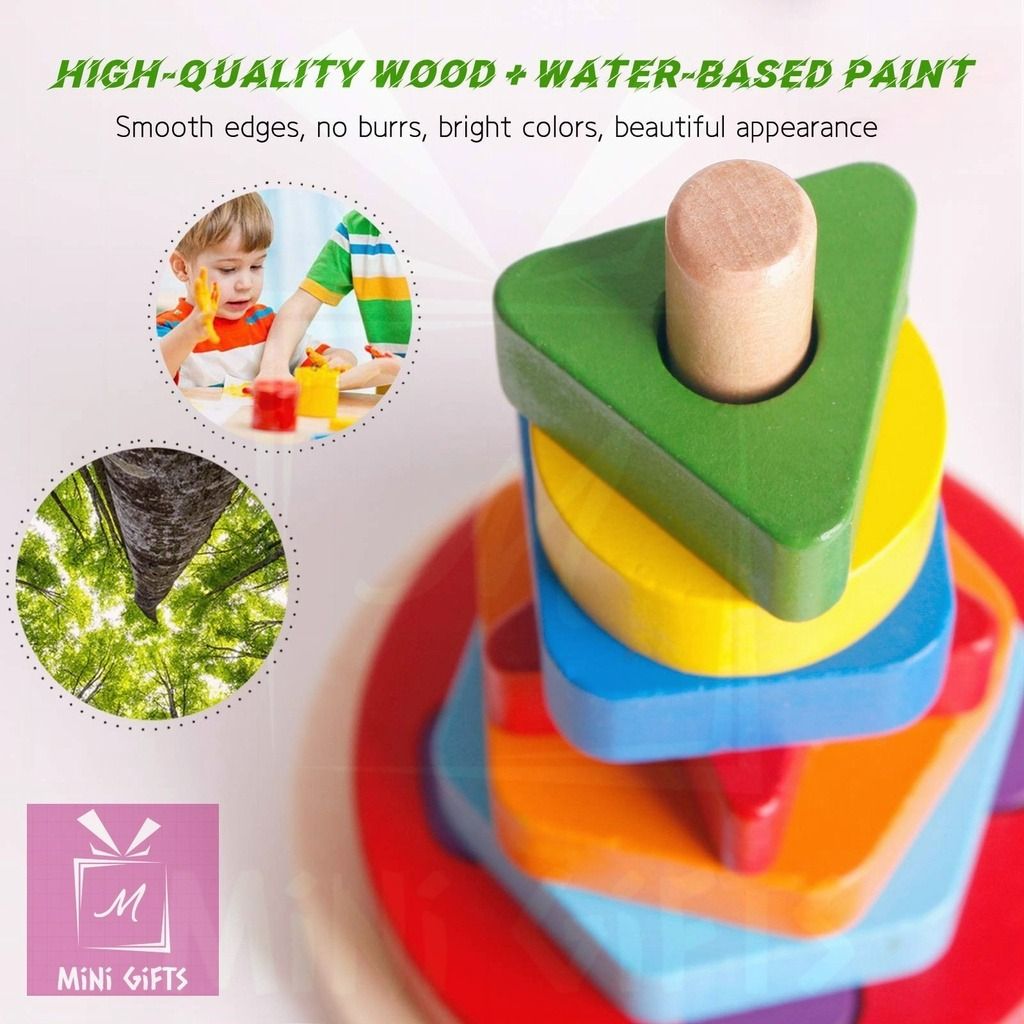 Montessori Wooden Rainbow Tower Sorting Stacking Rings Building ...