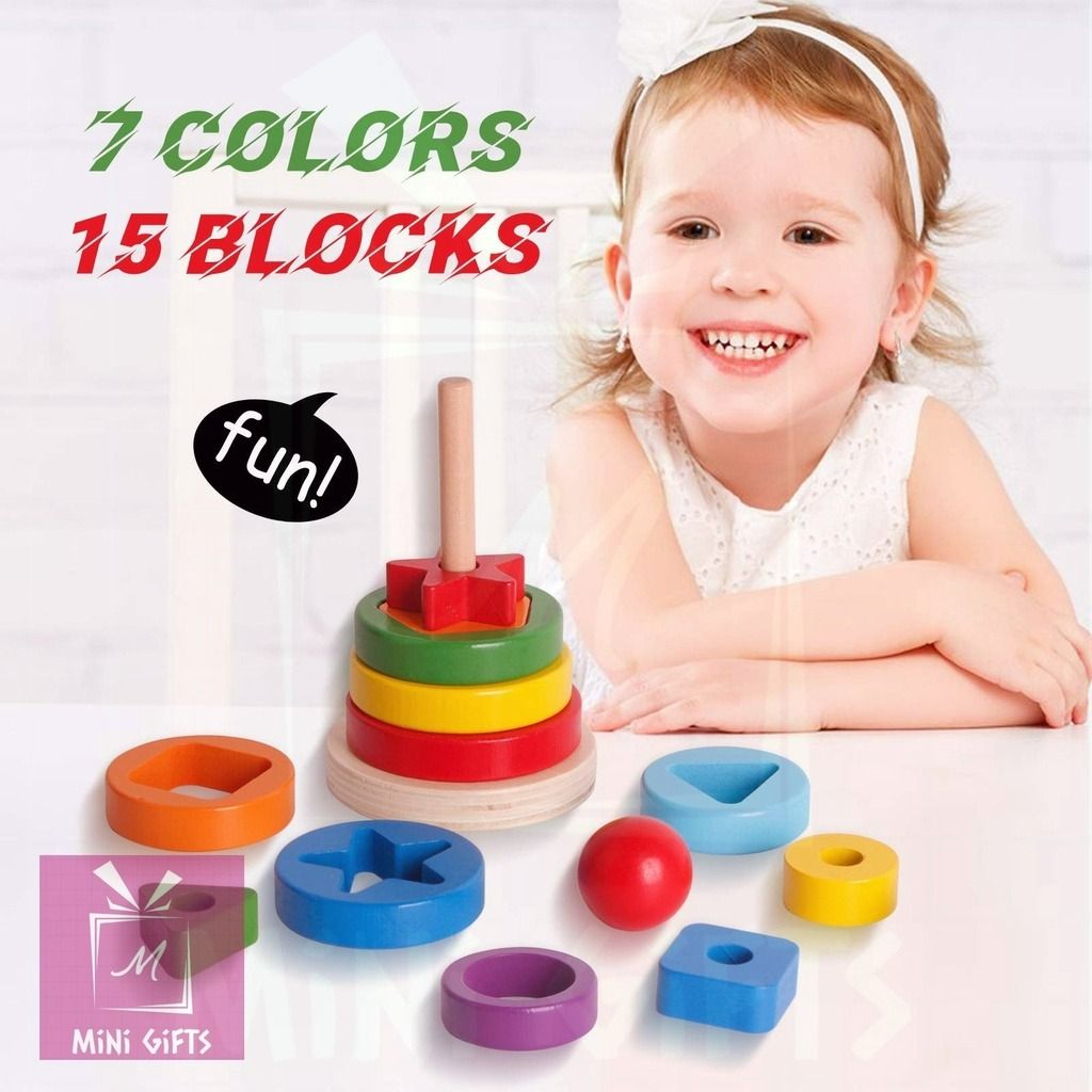 Montessori Wooden Rainbow Tower Sorting Stacking Rings Building ...
