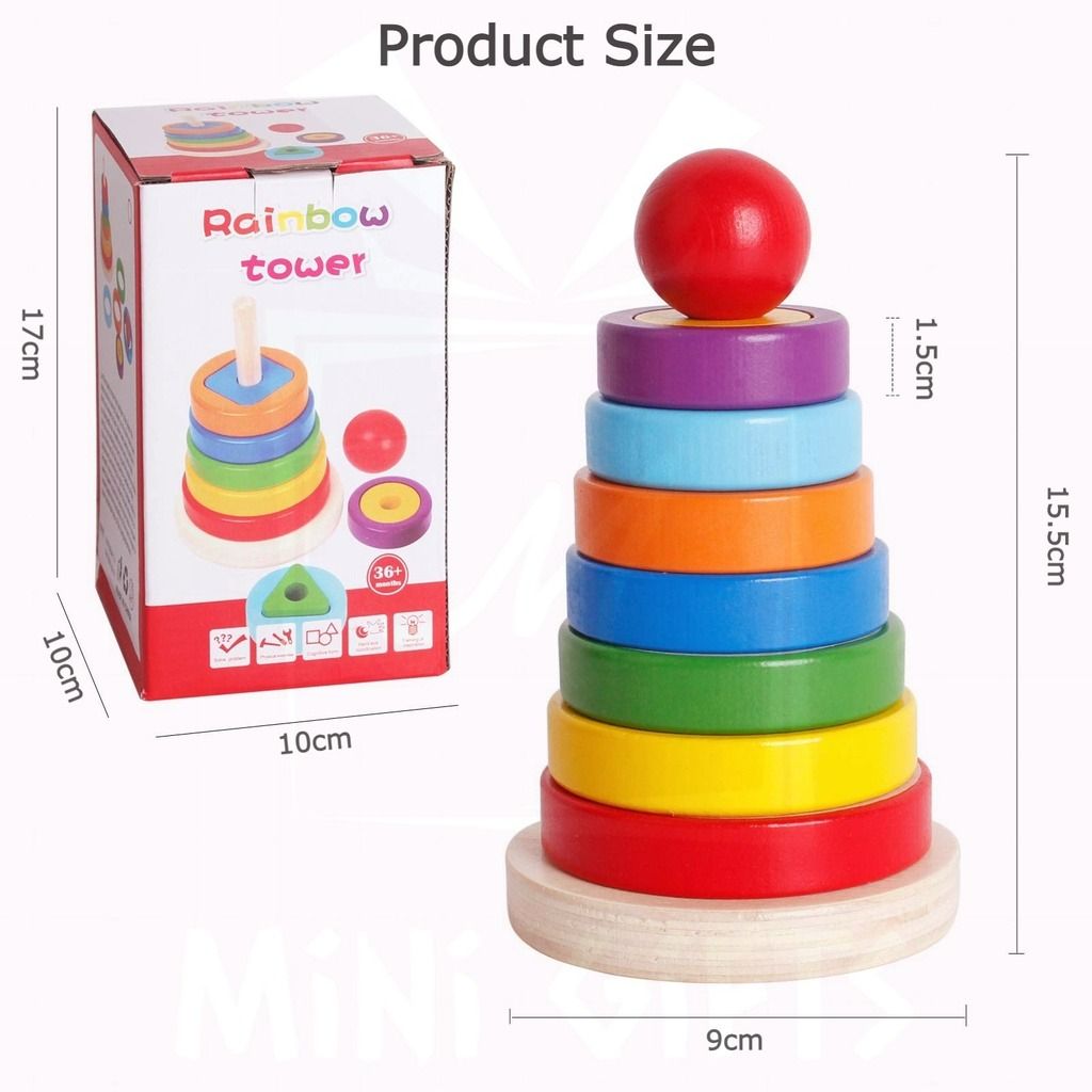 Montessori Wooden Rainbow Tower Sorting Stacking Rings Building ...