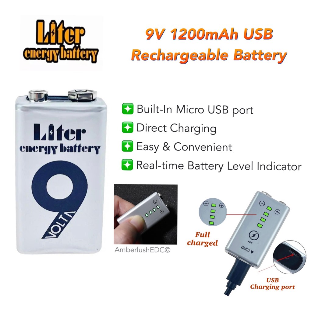 New LiterEnergy 9V 1200mAh Built-in Protected Micro USB Rechargeable ...