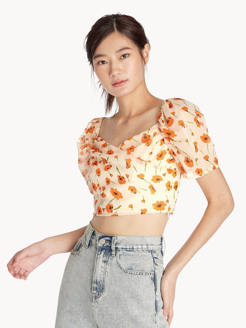 POMELO Puff sleeves yellow and orange-flowers top, Women's Fashion ...
