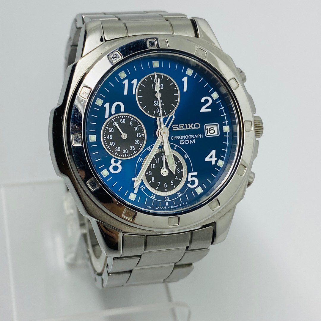 Seiko 7T92-0CA0 Chronograph Blue Panda, Fesyen Pria, Jam Tangan di ...