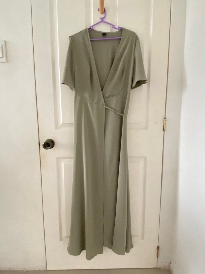 Shein Sage Green Overlap Wrap Maxi Sheer Dress on Carousell
