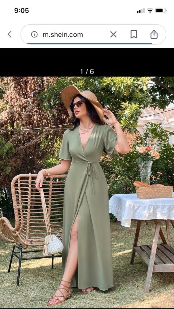 Shein Sage Green Overlap Wrap Maxi Sheer Dress on Carousell