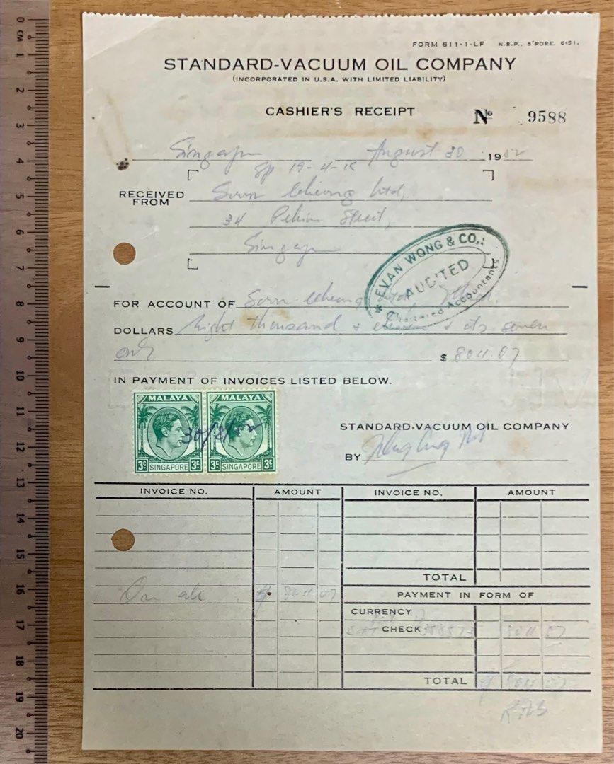 Singapore 1952 Standard Vacuum (now ExxonMobil) Tax revenue receipt doc ...