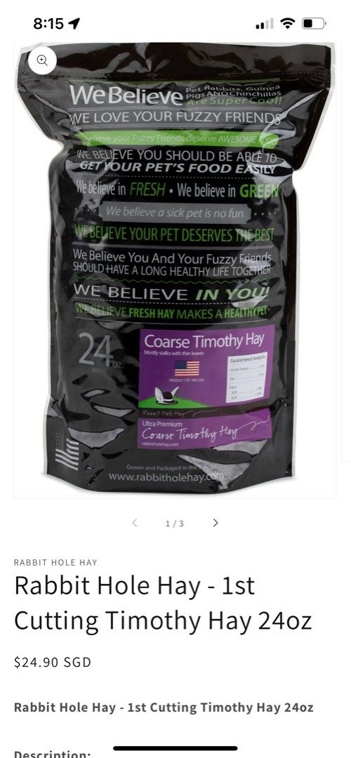 24Oz Rabbit Hole Hay 1st cut Timothy hay, Pet Supplies, Pet Food on ...