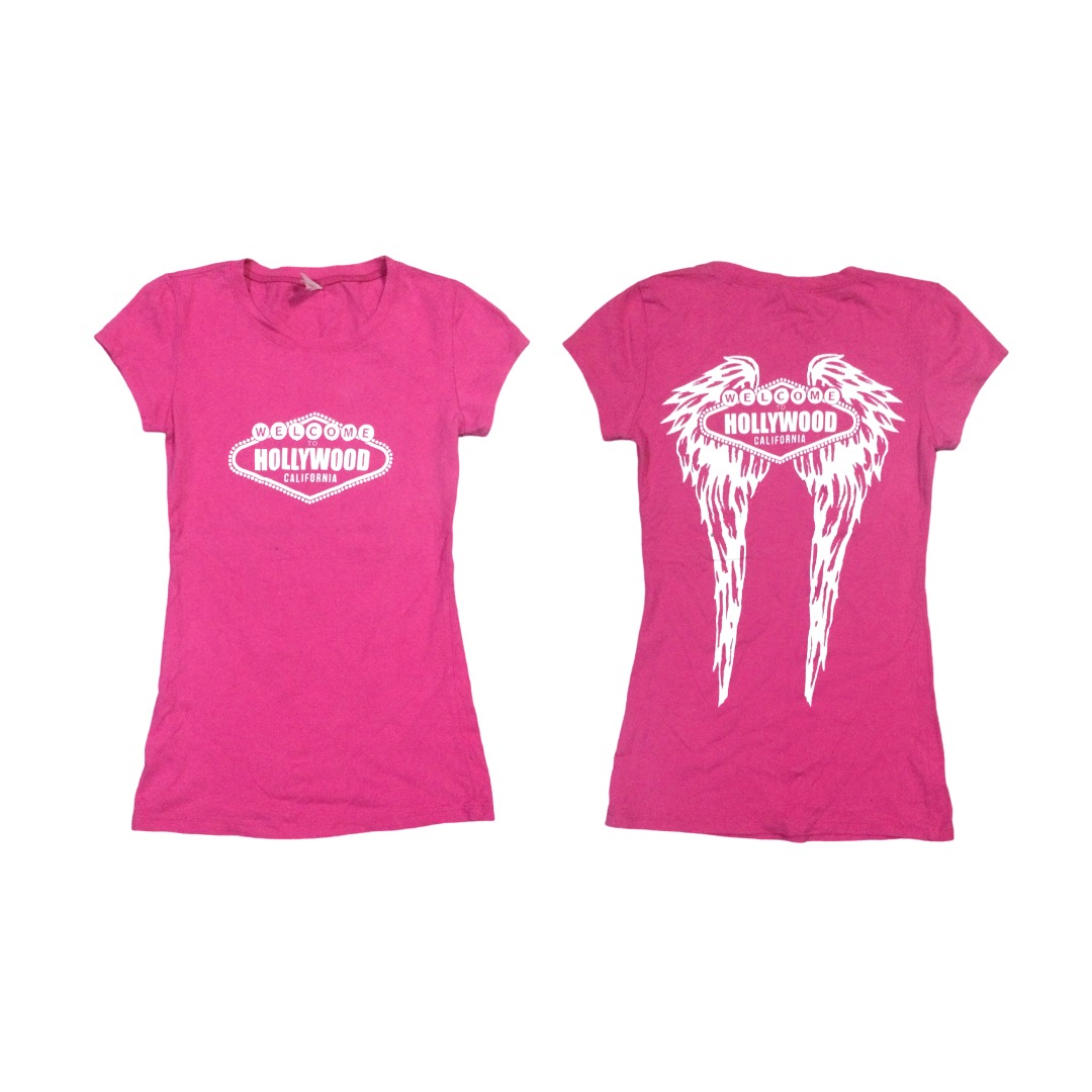 e&b hot pink welcome to hollywood california graphic printed glittery ...