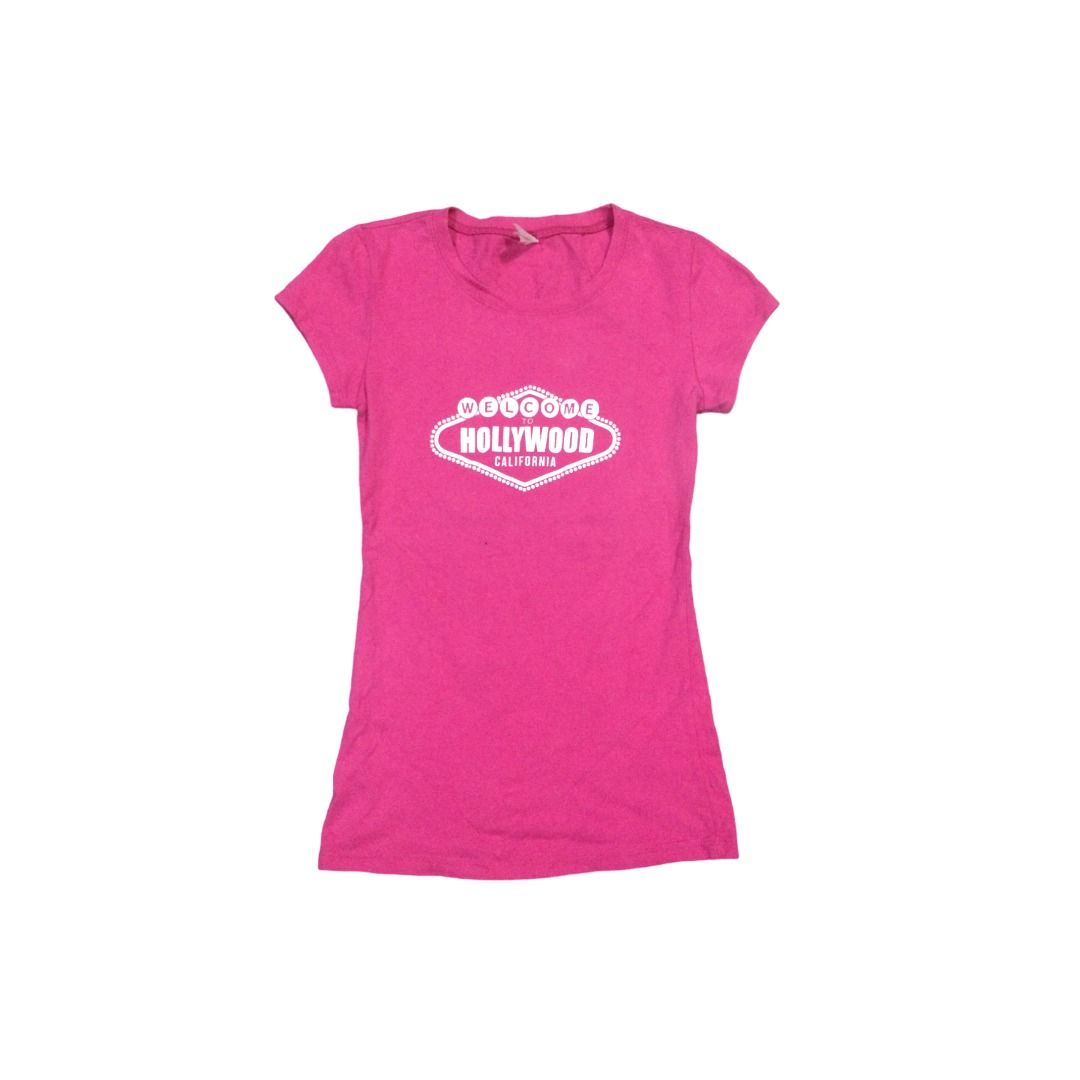 e&b hot pink welcome to hollywood california graphic printed glittery ...