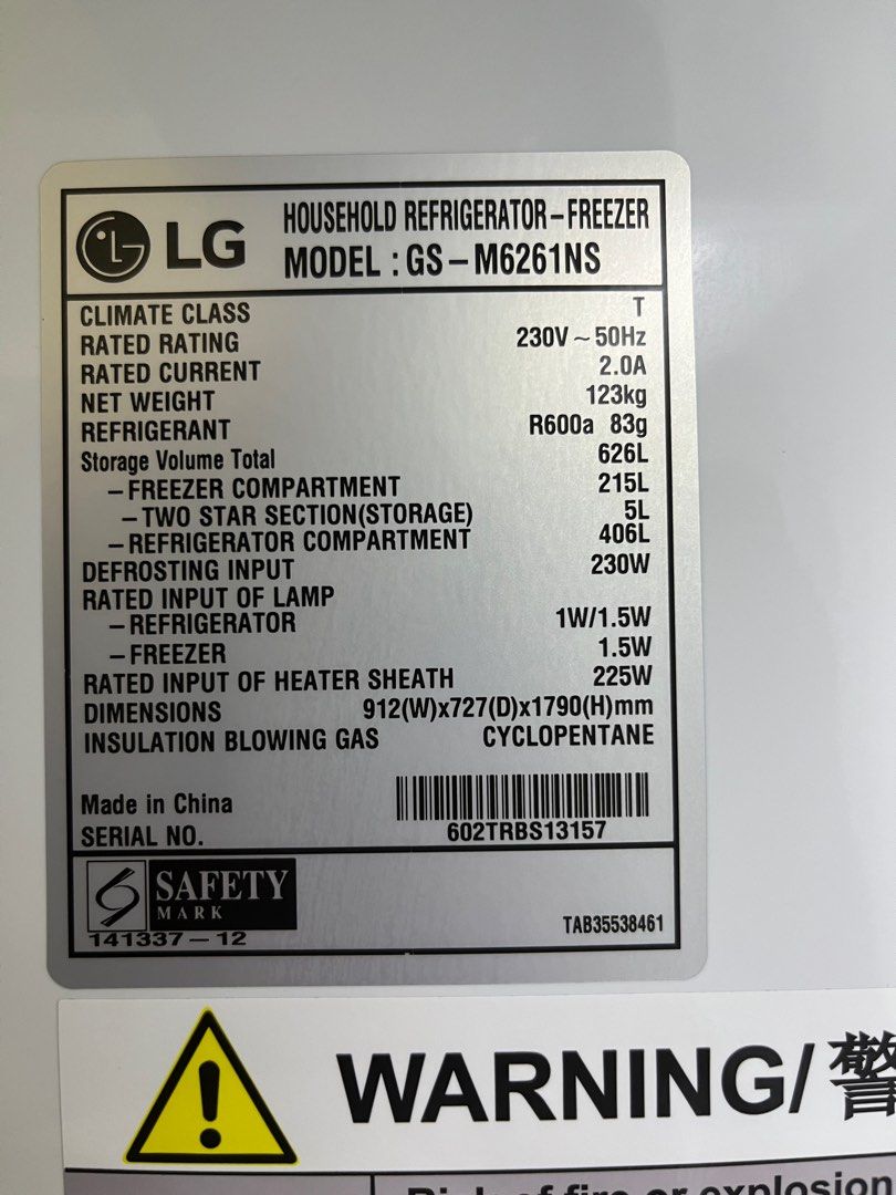 LG side by side refrigerator 626L, TV & Home Appliances, Kitchen ...