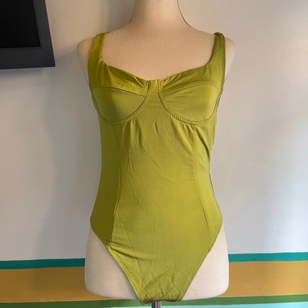 Lime green one piece swimsuit with snap button under on Carousell