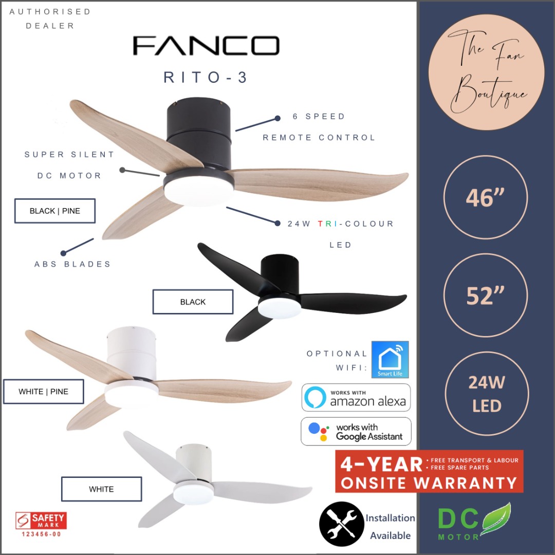 [NEW LAUNCH] FANCO RITO-3 46" | 52" Hugger Ceiling Fan with 24W LED ...