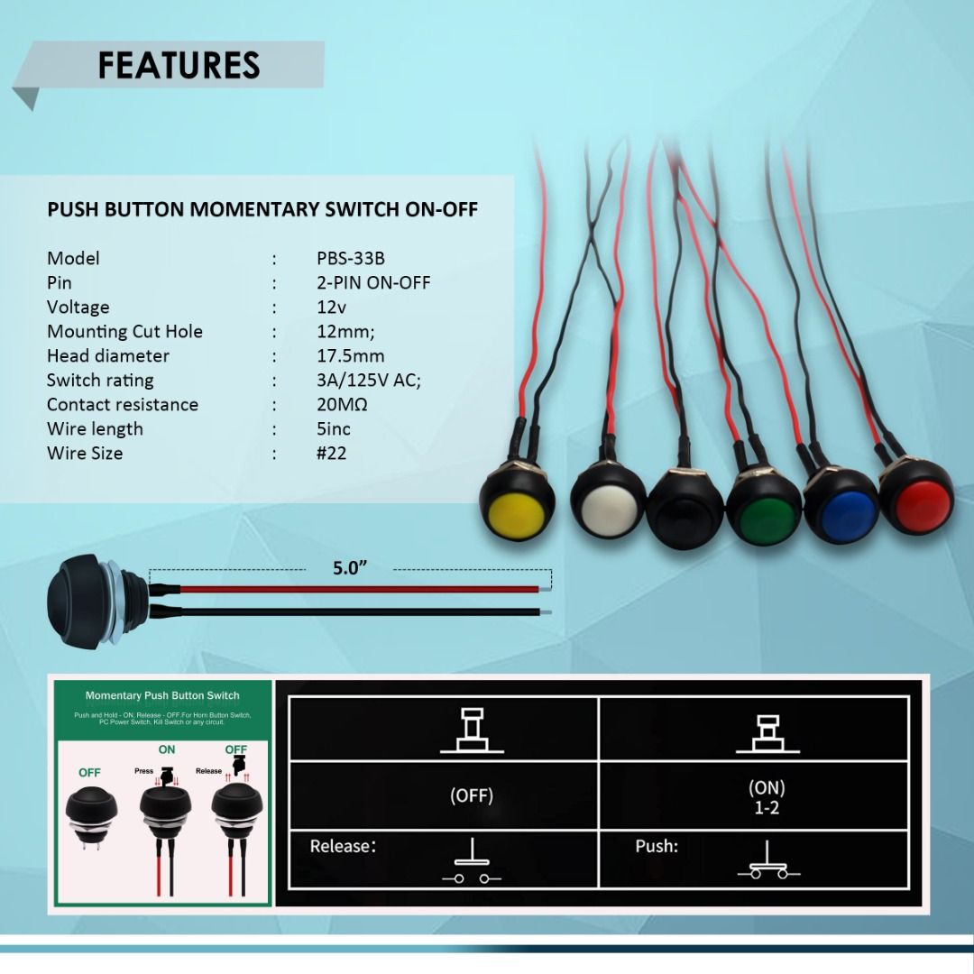 PUSH BUTTON MOMENTARY SWITCH ON-OFF, PBS-33B 2-PIN 12mm 12V 3A, with ...