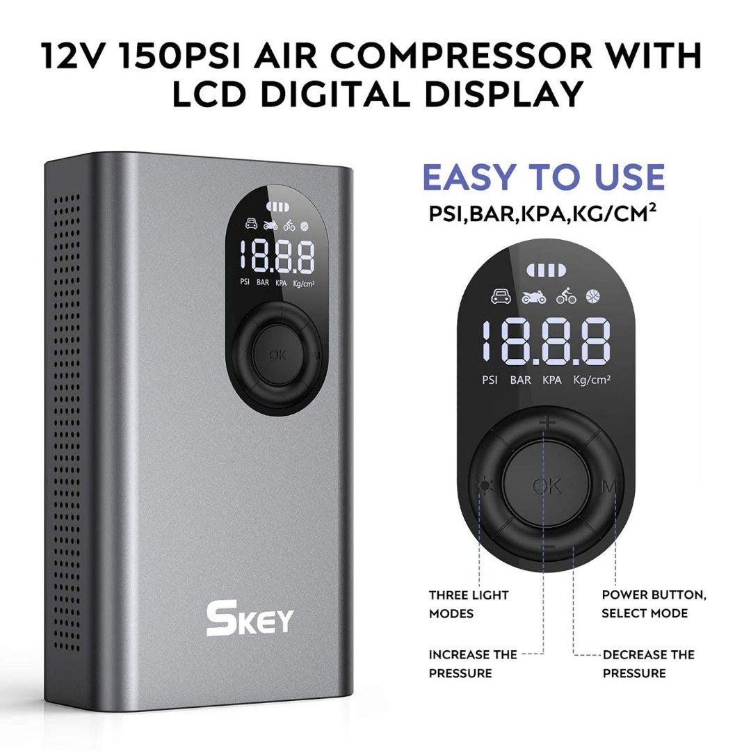 SKEY Portable Air Compressors Car Tyre Inflator 150 PSI Rechargeable with 2400mAh Li ion Battery LED Light Digital LCD Screen Cordless Tyre Pump for Car Motorbike Balls Swim ring and All Bicycles Car