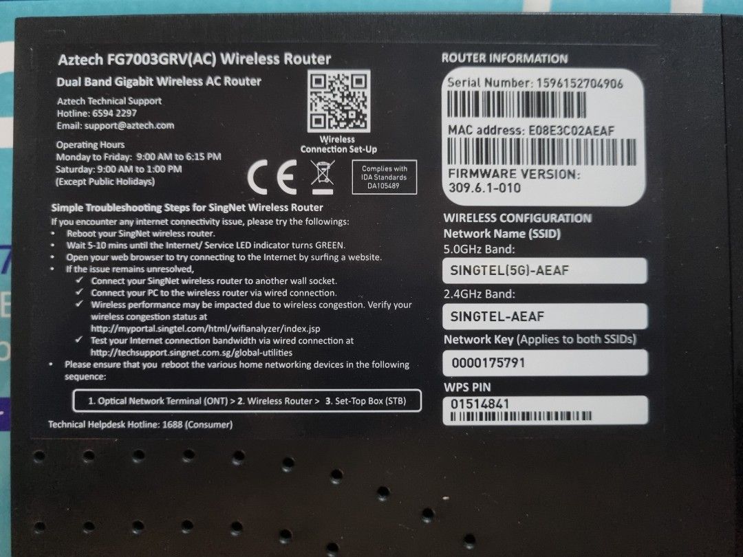 Tp-link Archer C8 AC1750 Wireless Router & Singtel Aztech FG7003GRV (AC ...