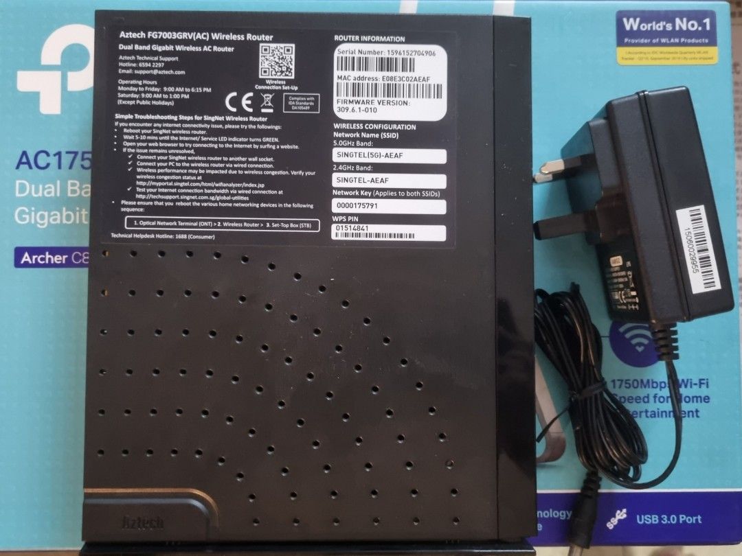 Tp-link Archer C8 AC1750 Wireless Router & Singtel Aztech FG7003GRV (AC ...
