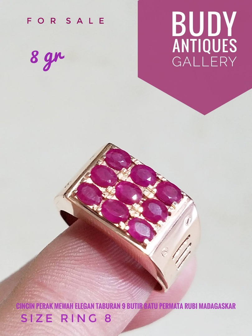 Cincin Perak Elegan Taburan 9 Batu Permata Rubi Madagaskar, Barang ...