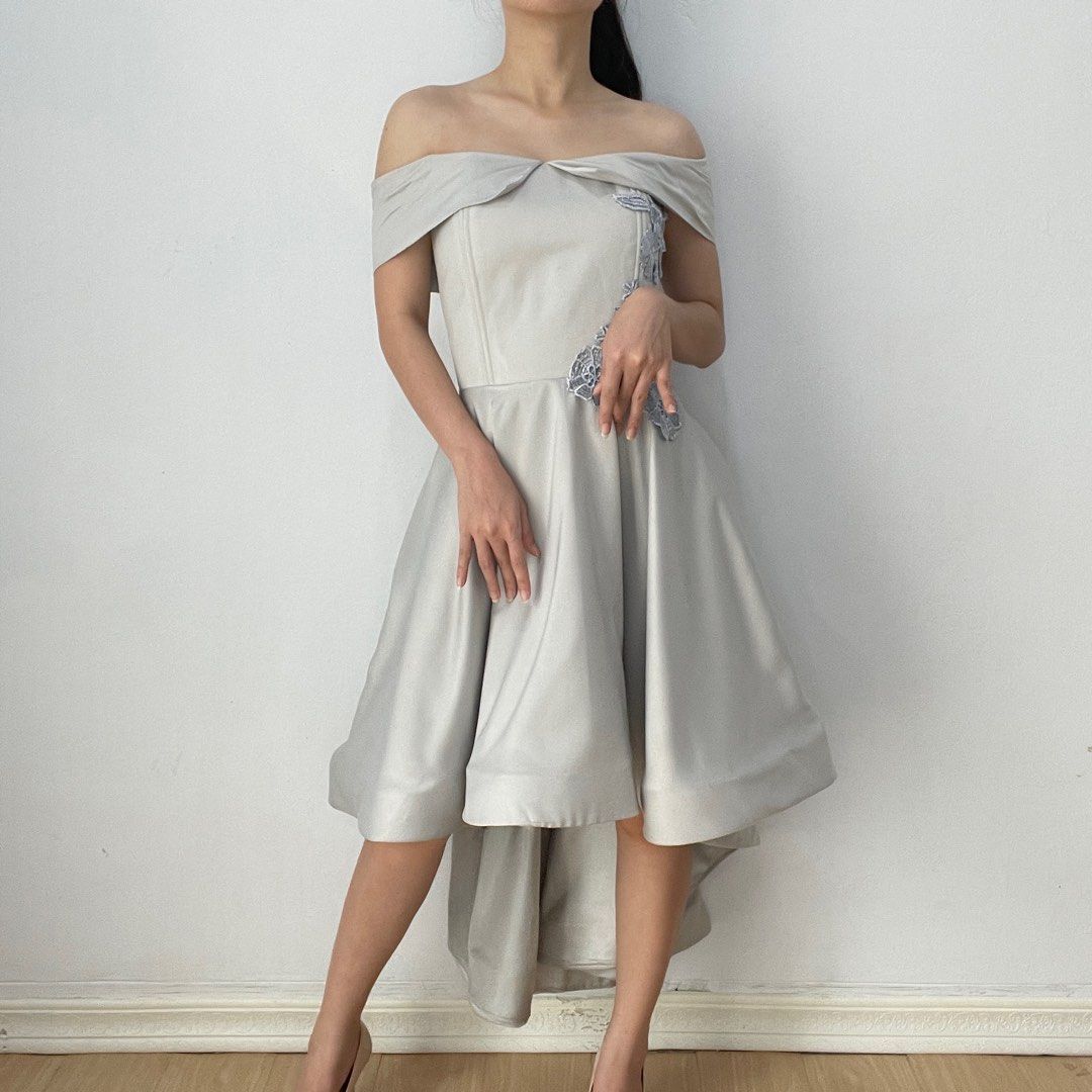 Grey Off Shoulder Bustier Midi Maxi Dress Party Gown Wedding Prewed ...