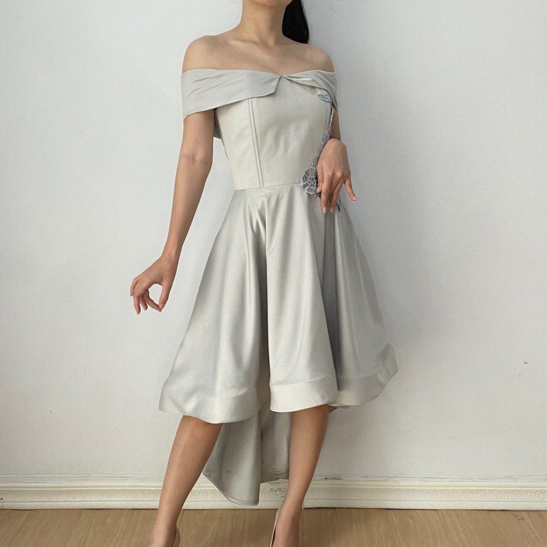 Grey Off Shoulder Bustier Midi Maxi Dress Party Gown Wedding Prewed ...