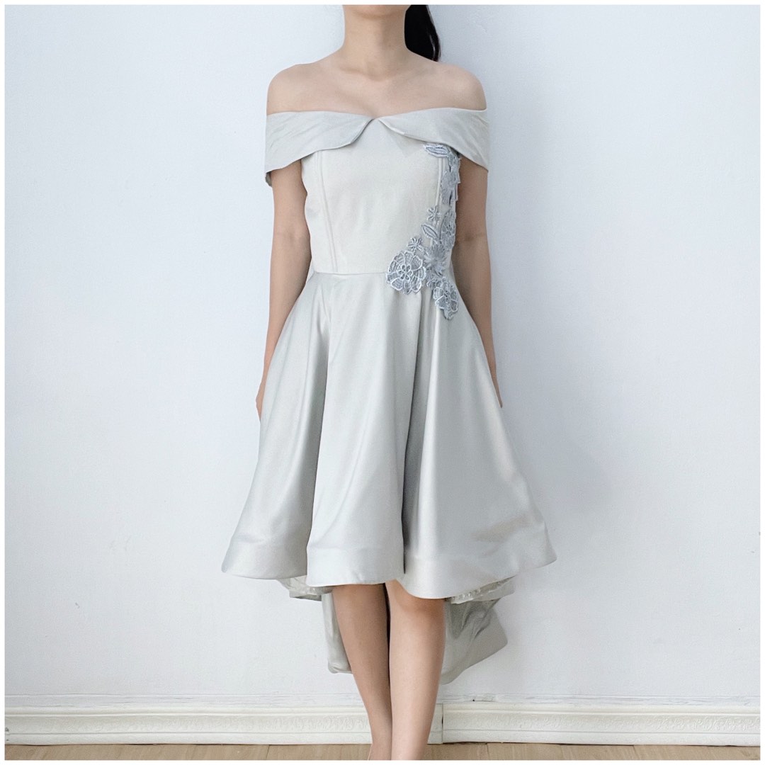 Grey Off Shoulder Bustier Midi Maxi Dress Party Gown Wedding Prewed Terusan Panjan Baju Pesta ...