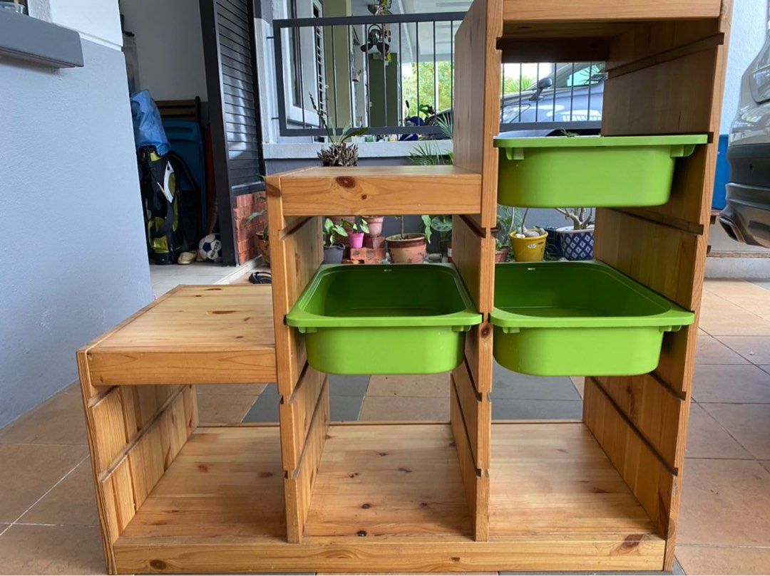 IKEA Trofast Wooden shelves rack with 3 green containers Toy storage ...