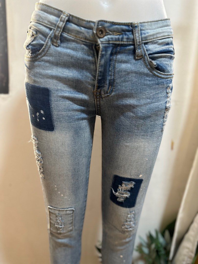 Ripped tattered patches skinny jeans denim pants on Carousell