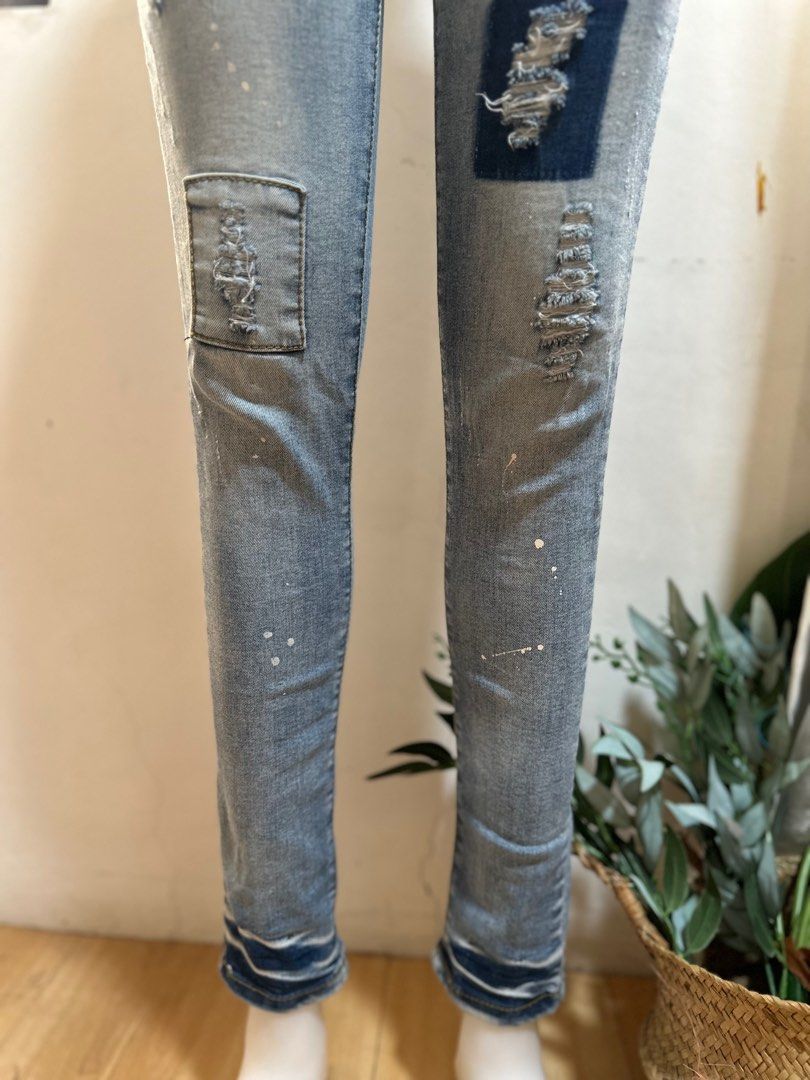 Ripped tattered patches skinny jeans denim pants on Carousell