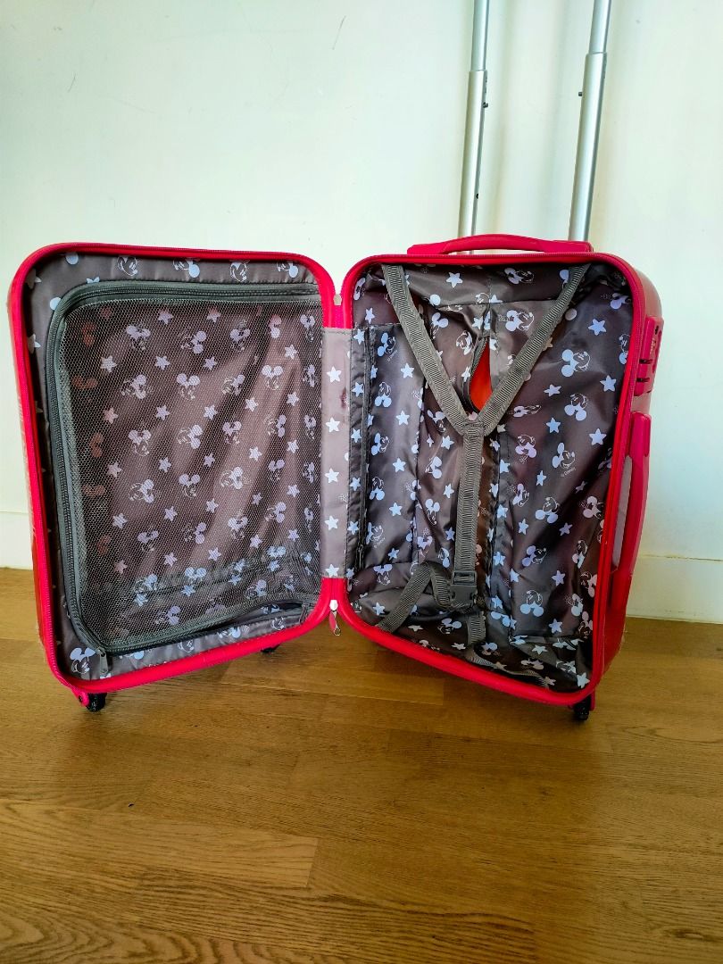 Used red mickey hand carry small luggage, old not new, 4 wheel and ...