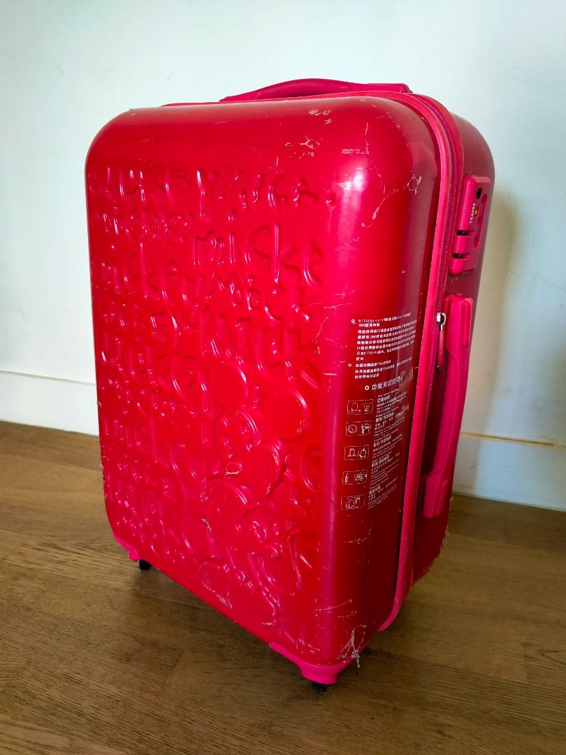 Used red mickey hand carry small luggage, old not new, 4 wheel and ...