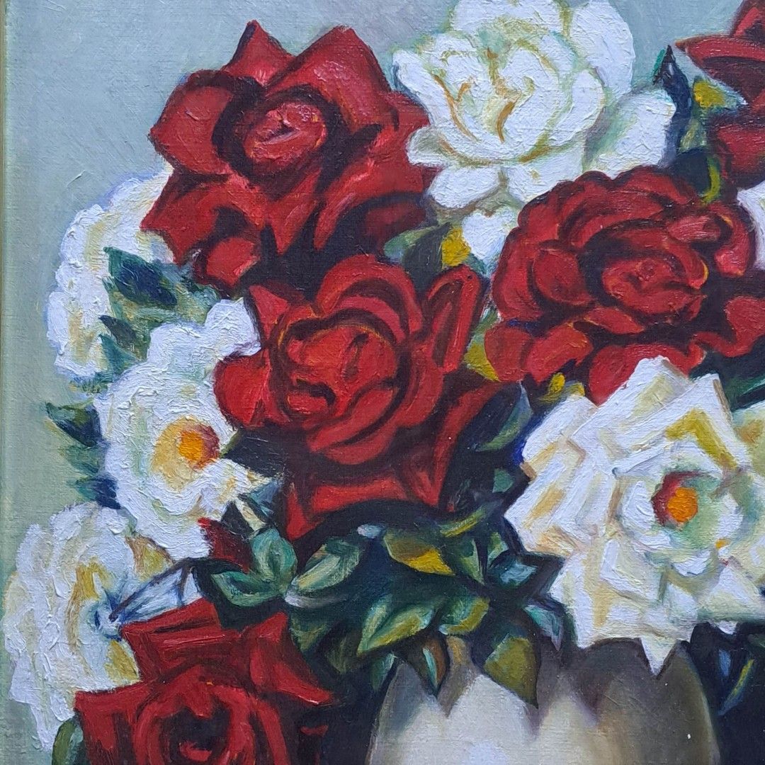 Vintage Colourful Flowers on Vase Canvass Oil Painting by Takashi Isobe ...