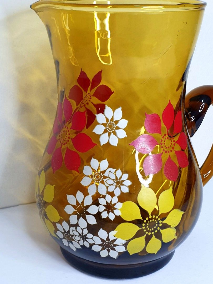 Vintage heavy amber swirl glass pitcher jug flower vase display ...