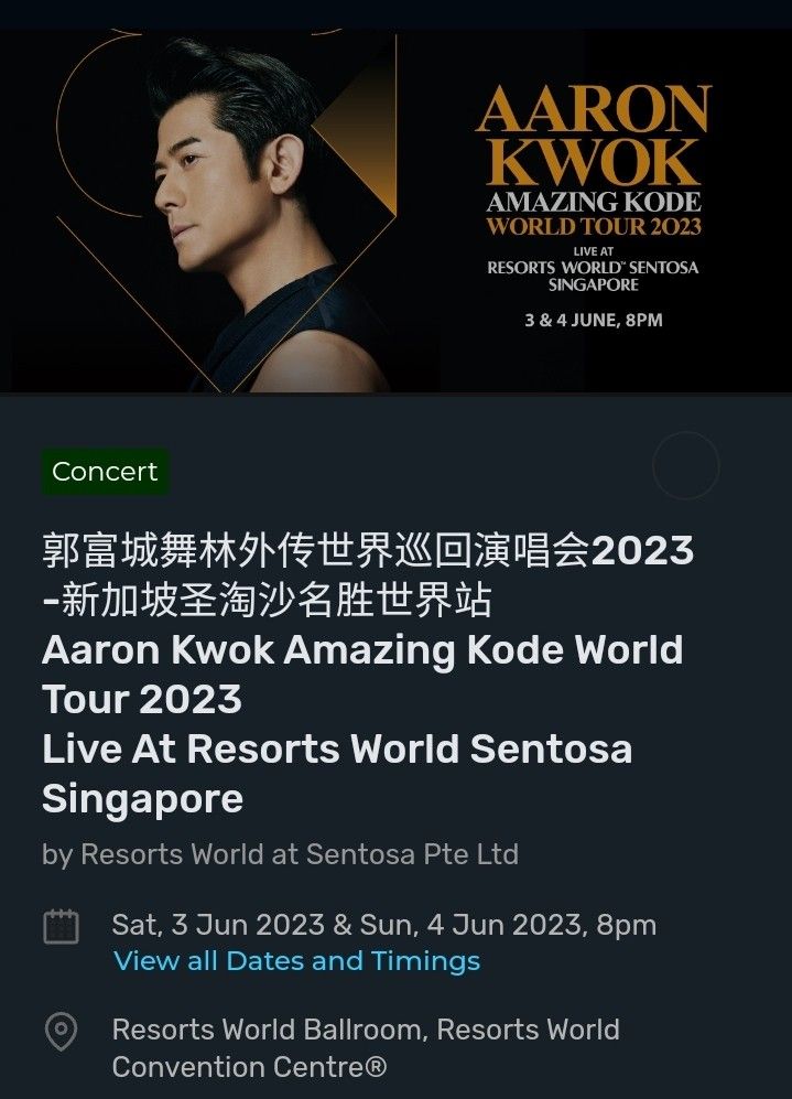 Aaron Kwok Concert CAT 1 (Ticket X2) 4th June 2023 Singapore, Tickets & Vouchers, Event Tickets ...