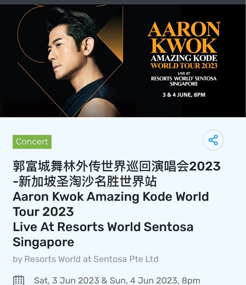Aaron Kwok RWS concert- 1 ticket, Tickets & Vouchers, Event Tickets on Carousell