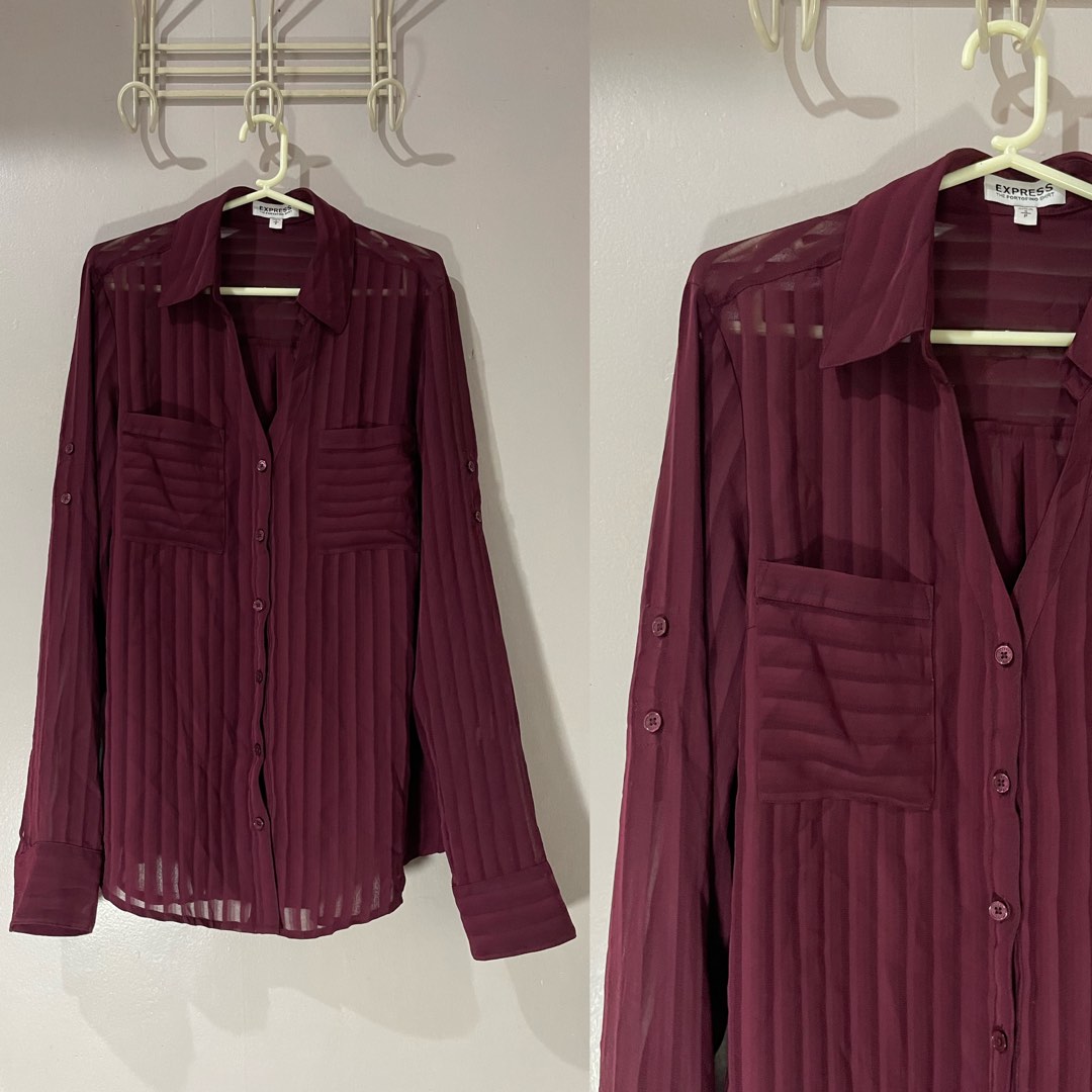 Express Maroon Semi-sheer Stripe Polo on Carousell