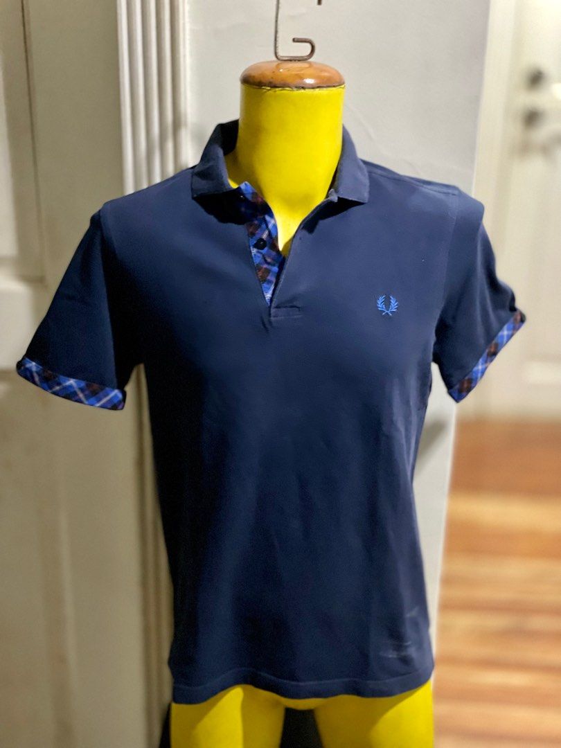 Genuine Fred Perry Navy Blue Poloshirt with checkered plackets and cuff ...