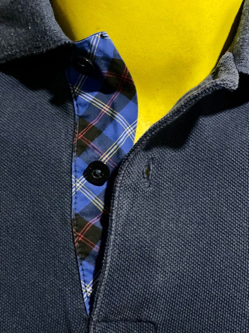 Genuine Fred Perry Navy Blue Poloshirt with checkered plackets and cuff ...