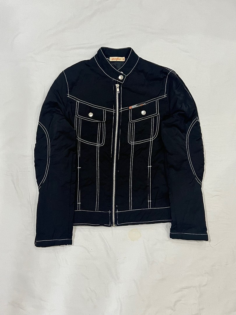 green tea contrast stitch all black moto zipped up jacket, Women's ...