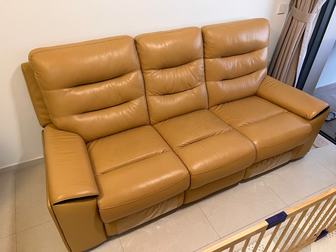Plush leather sofa with recliner, Furniture & Home Living, Furniture ...